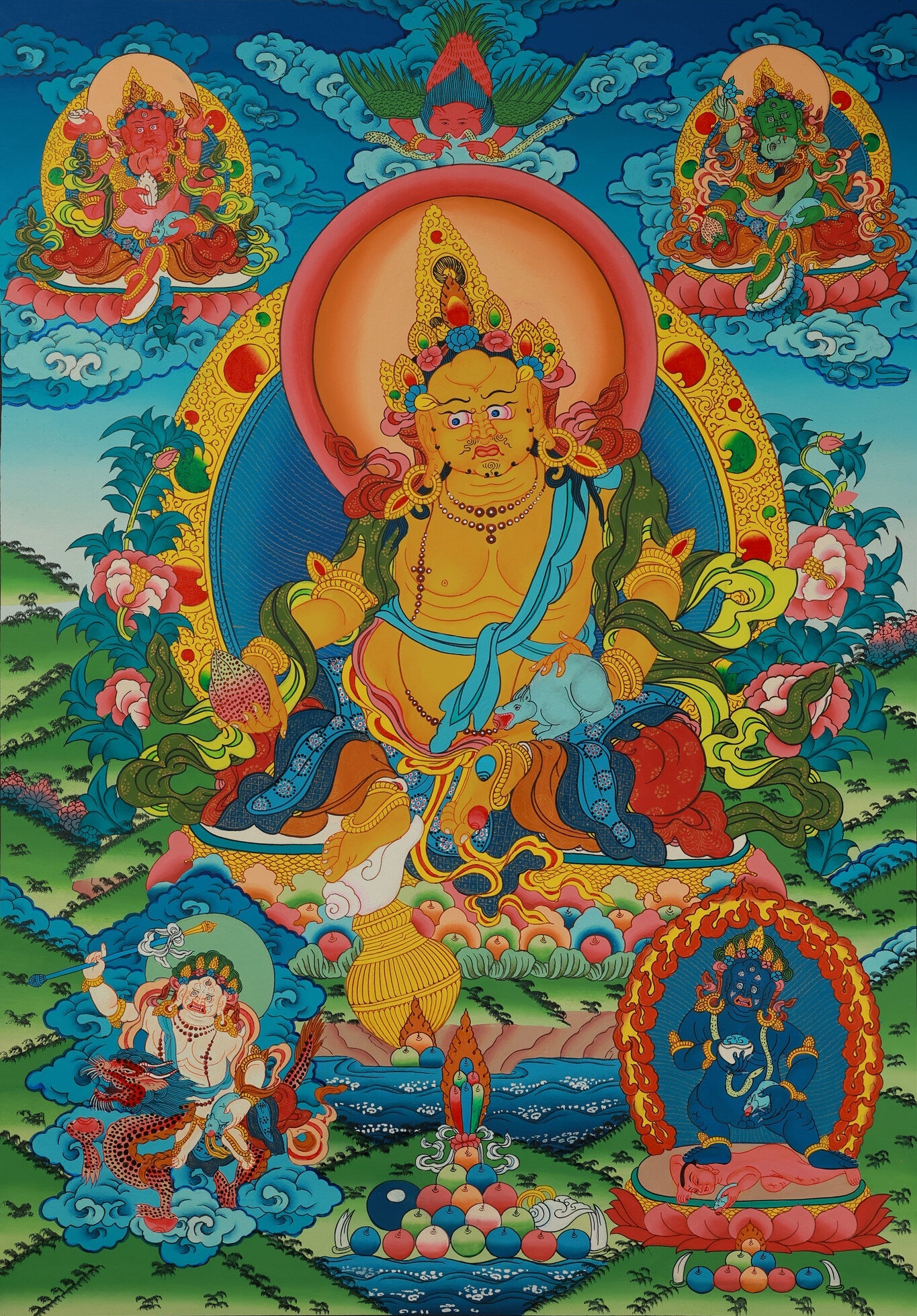 Hand-Painted Yellow Jambhala Five Wealth Deities Thangka: A Dual Refle ...